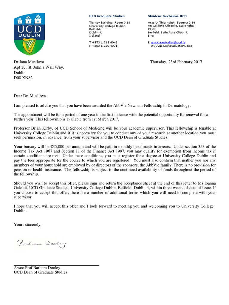 Offer Letter to Fellow From Grad Studies | Dublin | Graduate School ...