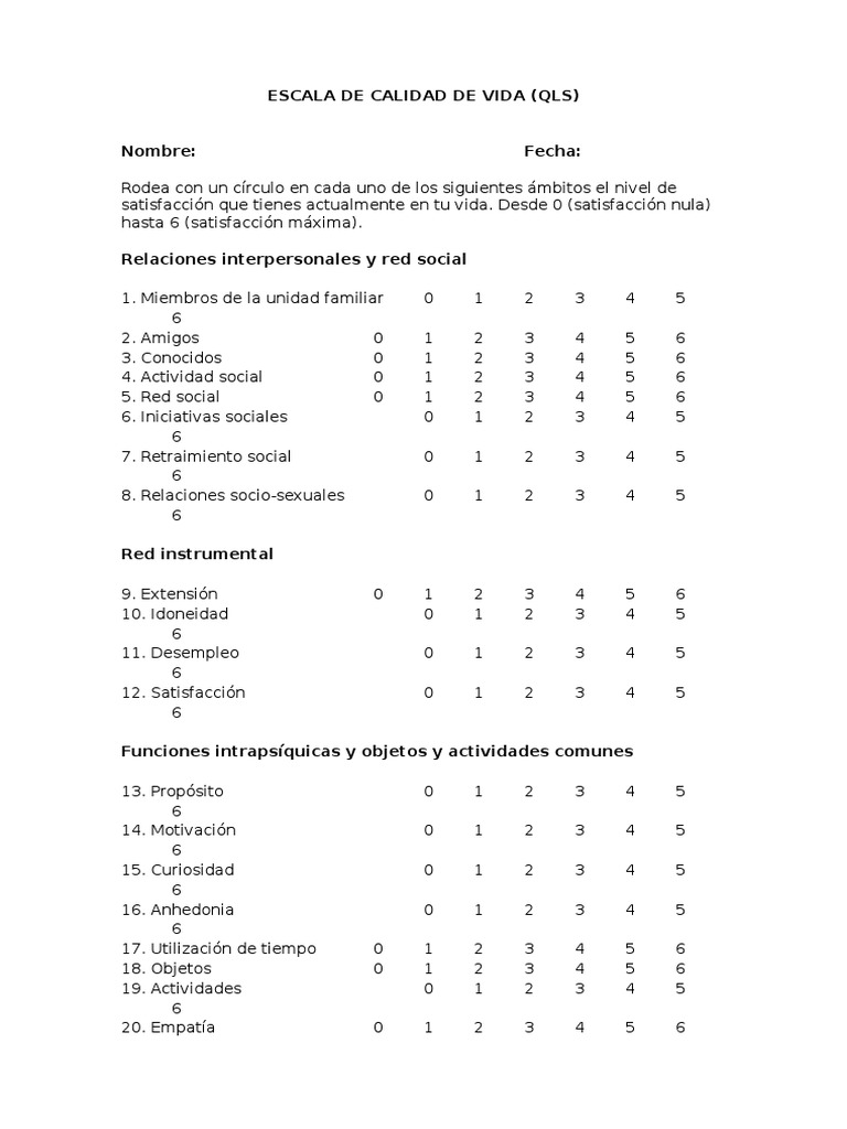 Escala de Calidad de Vida QLS | PDF