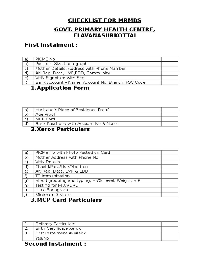 Checklist For Mrmbs | PDF