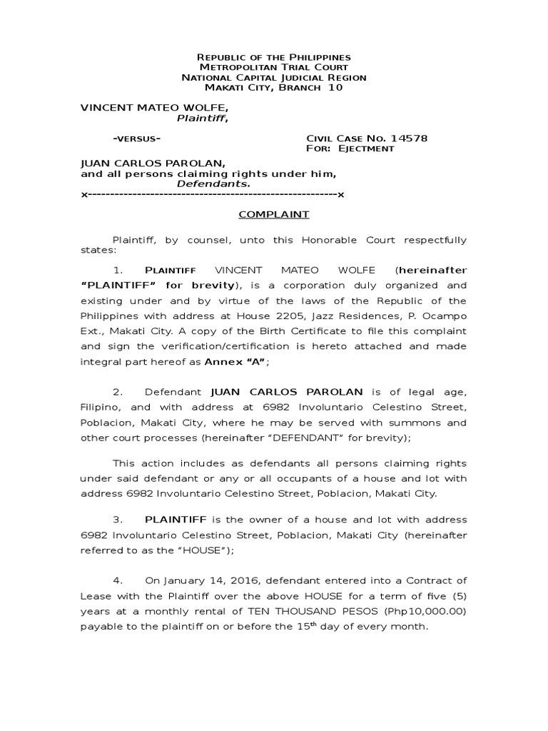 Sample Complaint For Ejectment | PDF | Lease | Lawsuit