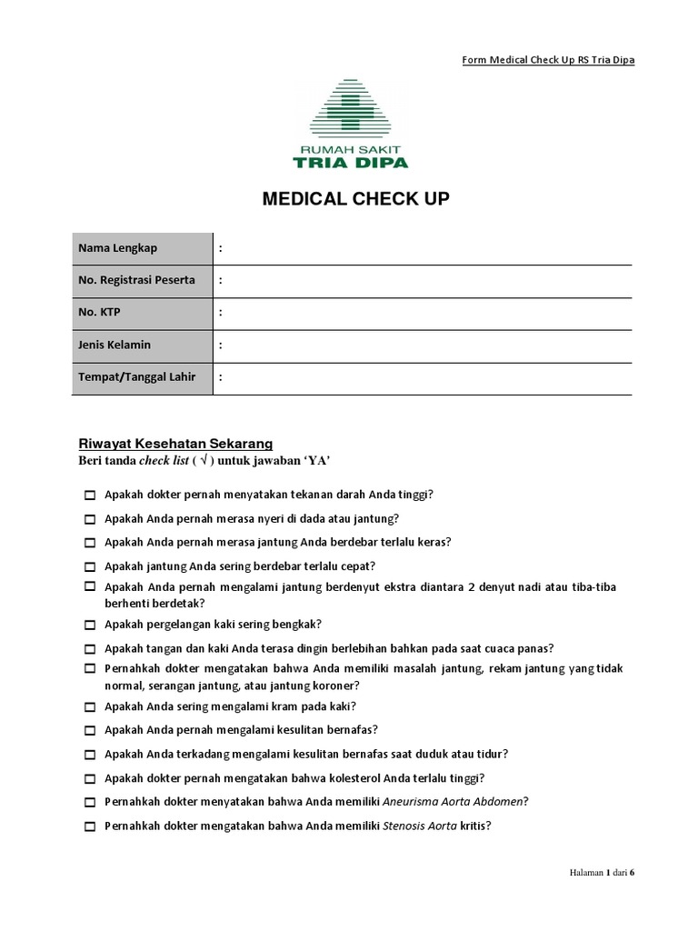 Medical Check Up: Nama Lengkap: No. Registrasi Peserta: No. KTP: Jenis ...