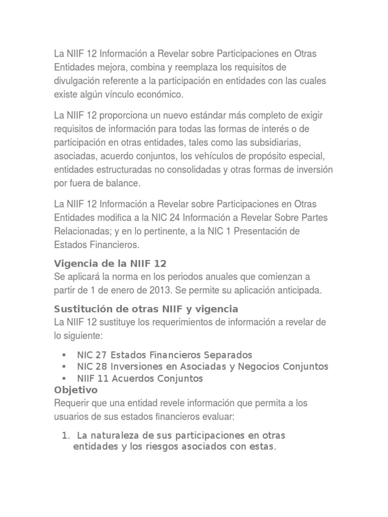 La NIIF 12 Información A Revelar Sobre Participaciones en Otras ...