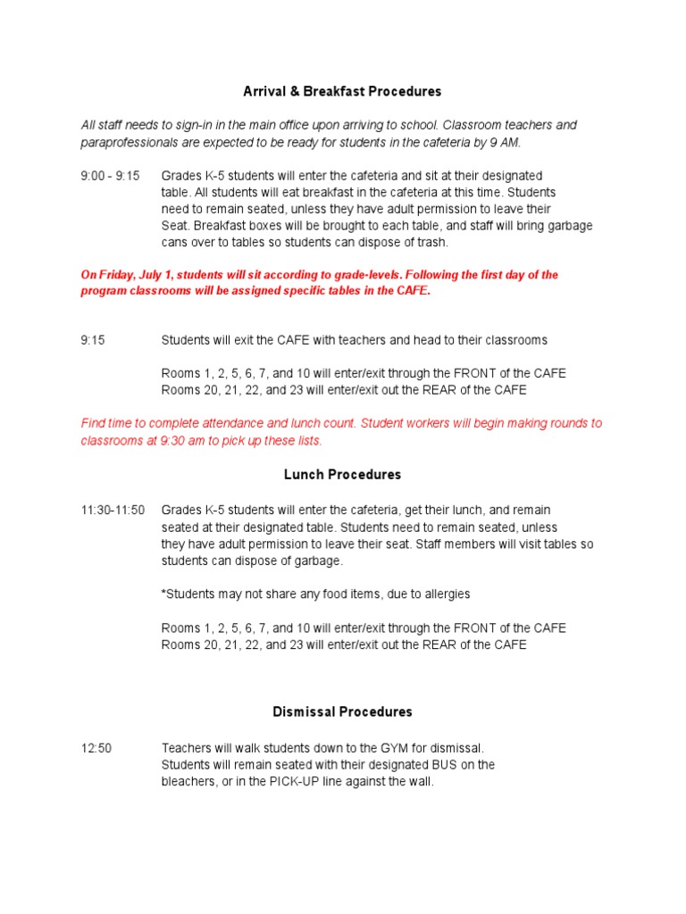 School Arrival, Breakfast, and Dismissal Guide | PDF