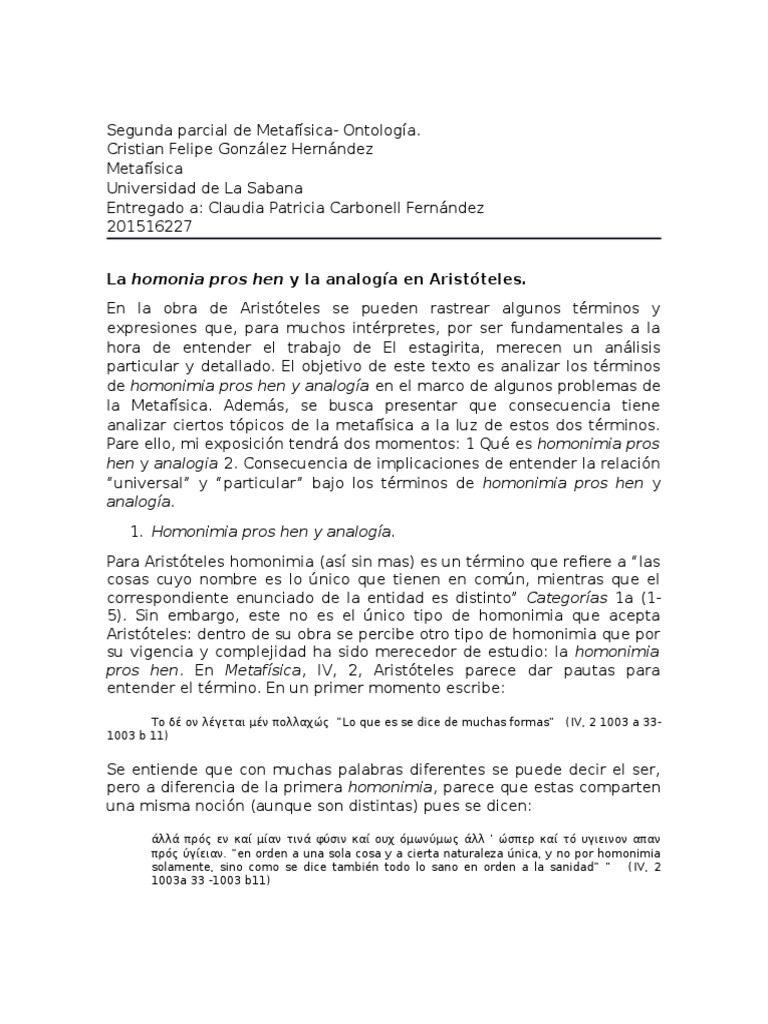 La Homonia Pros Hen en Aristóteles Parcial 2. | PDF | Analogía ...