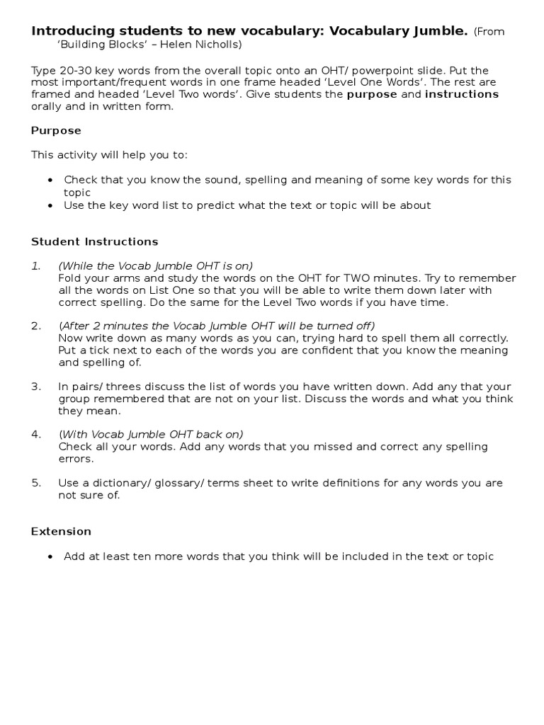 Introducing Students To New Vocabulary: Vocabulary Jumble.: Purpose | PDF