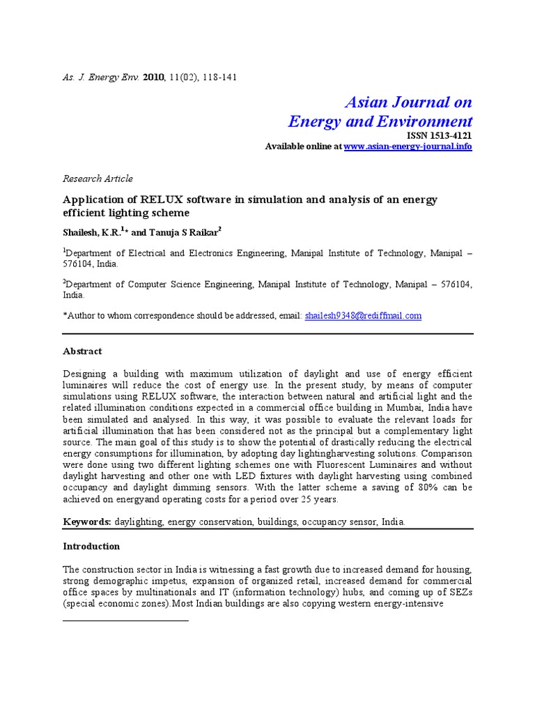 Application Of Relux Software In Simulation And Analysis Of An Energy