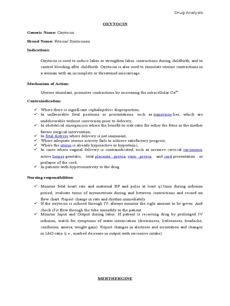 Oxytocin Generic Name: Oxytocin Brand Name: Pitocin/ Syntocinon ...