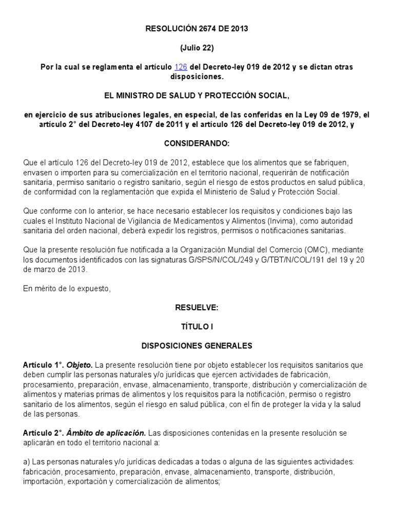 Resolución 2674 de 2013 | PDF | Alimentos | Agua potable
