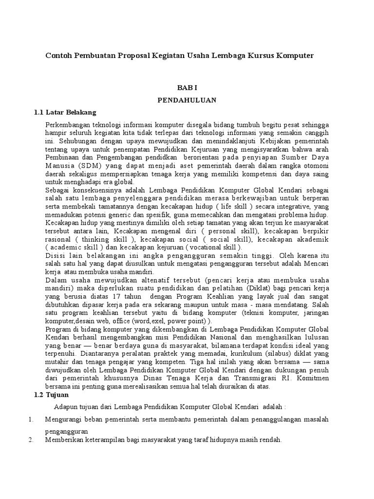 Contoh Pembuatan Proposal Kegiatan Usaha Lembaga Kursus Komputer | PDF ...