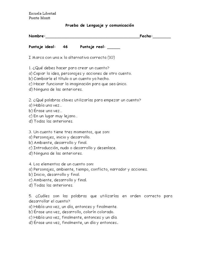 PRUEBA de LENGUAJE Elementos Del Cuento | PDF | Cuentos | Narración