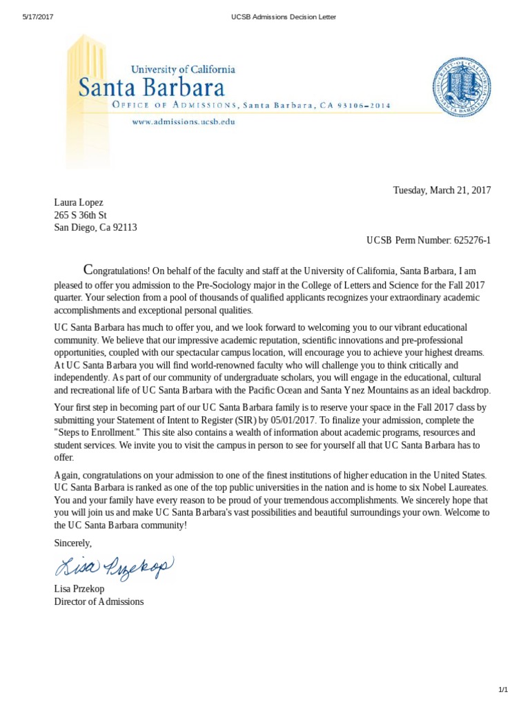 Ucsb Admissions Decision Letter | PDF | Universities And Colleges ...