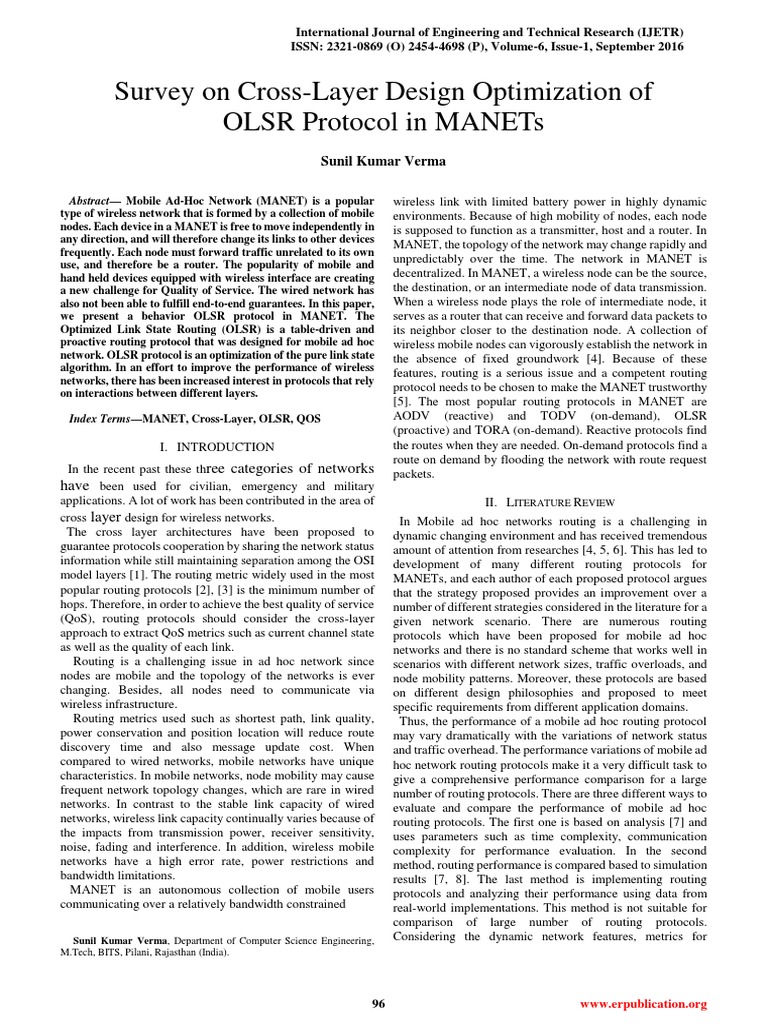 Survey On Cross-Layer Design Optimization of Olsr Protocol in Manets | PDF | Osi Model | Data ...