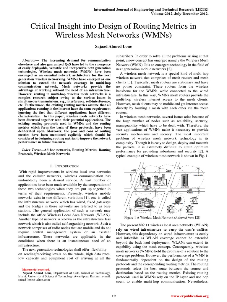 Critical Insight Into Design of Routing Metrics in Wireless Mesh Networks (WMNS) | PDF | Routing ...