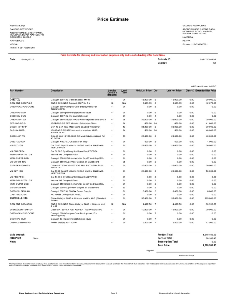 Price Estimate for Network Upgrade Project from SAURUS NETWORKS | PDF ...