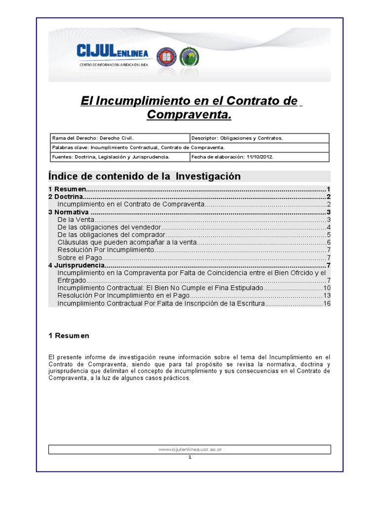 El Incumplimiento En El Contrato De Compraventa Pdf Pdf