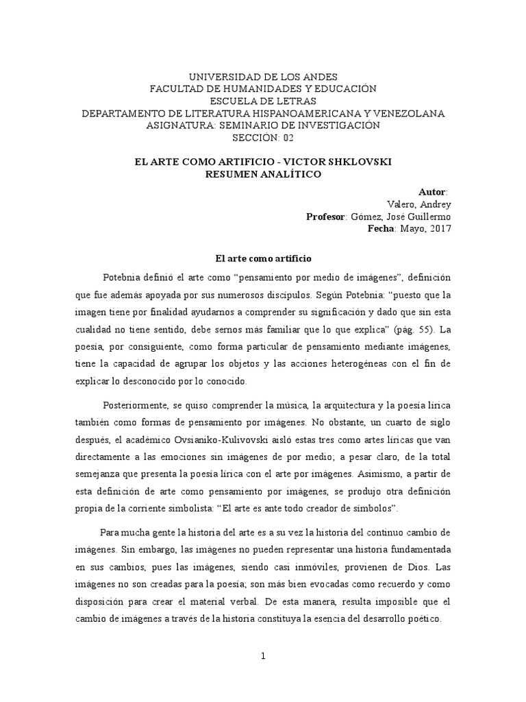 El Arte Como Artificio - Victor Shklovski | PDF | Imagen | Poesía