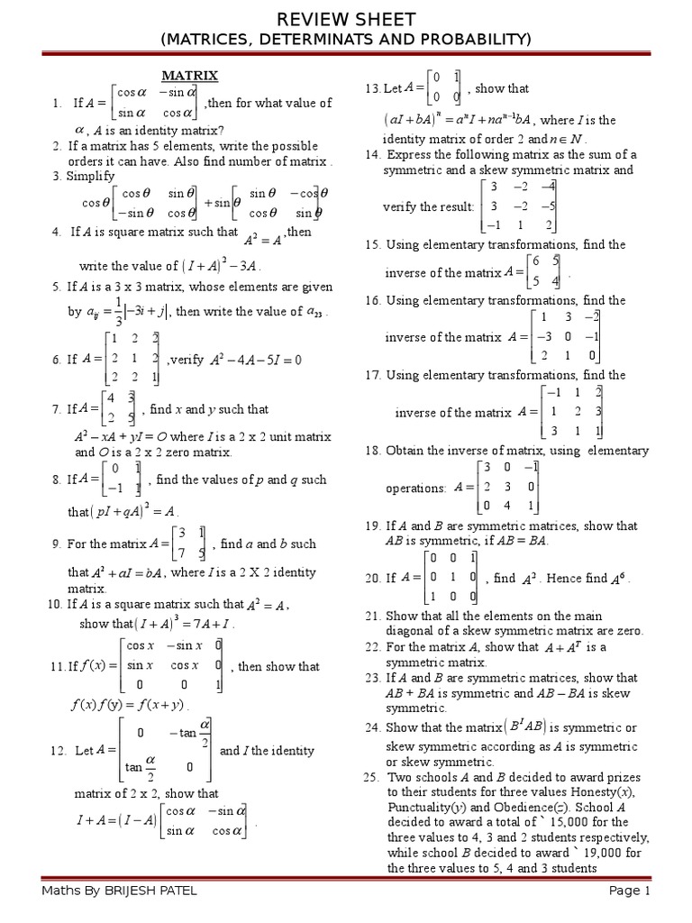 Mat Det Prob Revision Sheet II | PDF | Matrix (Mathematics) | Probability