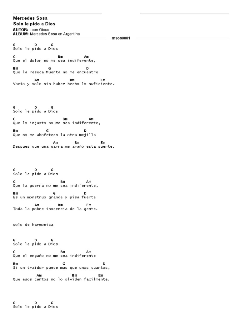 Mercedes Sosa, Solo Le Pido A Dios - Letra y Acordes | PDF