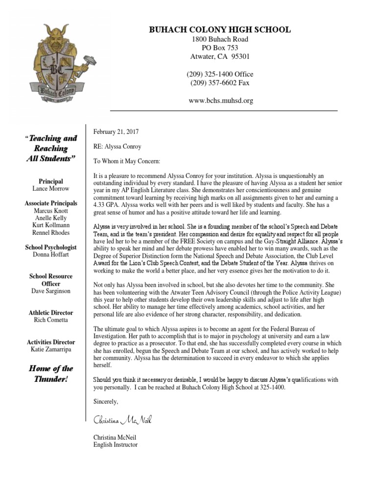 Letter of Recommendation - Alyssa Conroy 2 | PDF | Psychology | Behavioural Sciences