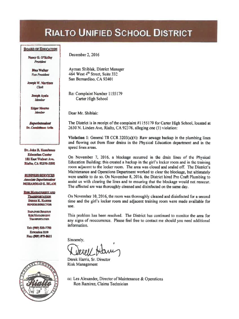 Letter From Rialto Unified To Cal/OSHA To Ayman Shiblak | PDF