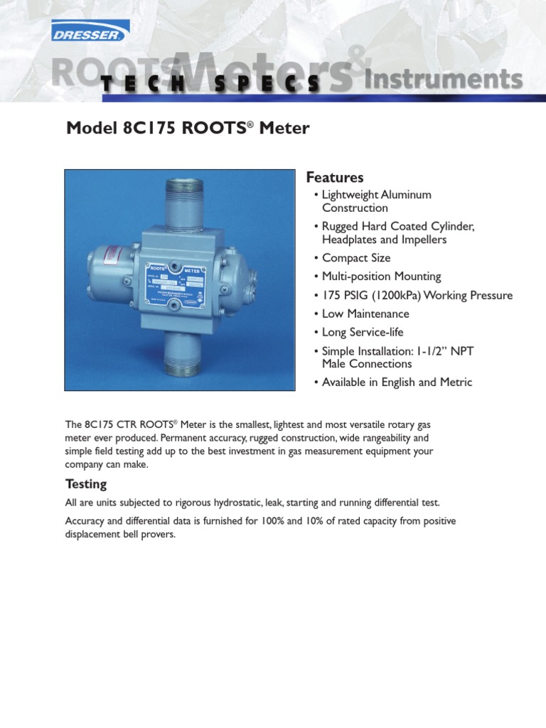 Model 8C175 ROOTS Meter: Features | PDF | Pressure | Mechanical Engineering