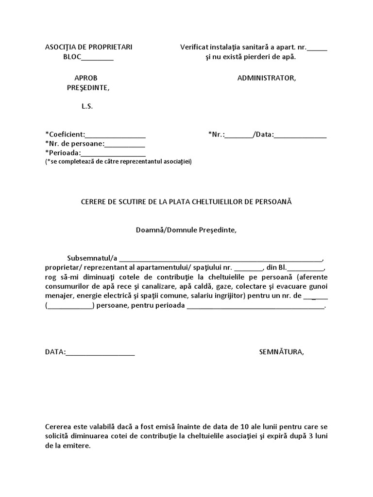 Cerere Scutire Plata Intretinere | PDF