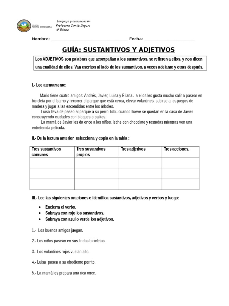 Actividades de Sustantivos y Adjetivos | PDF | Adjetivo | Morfología ...