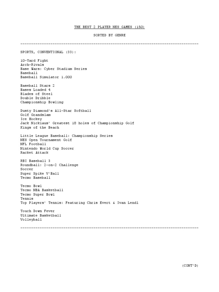 The Best 2 Player NES Games - 150 Games | PDF | Sports | Entertainment