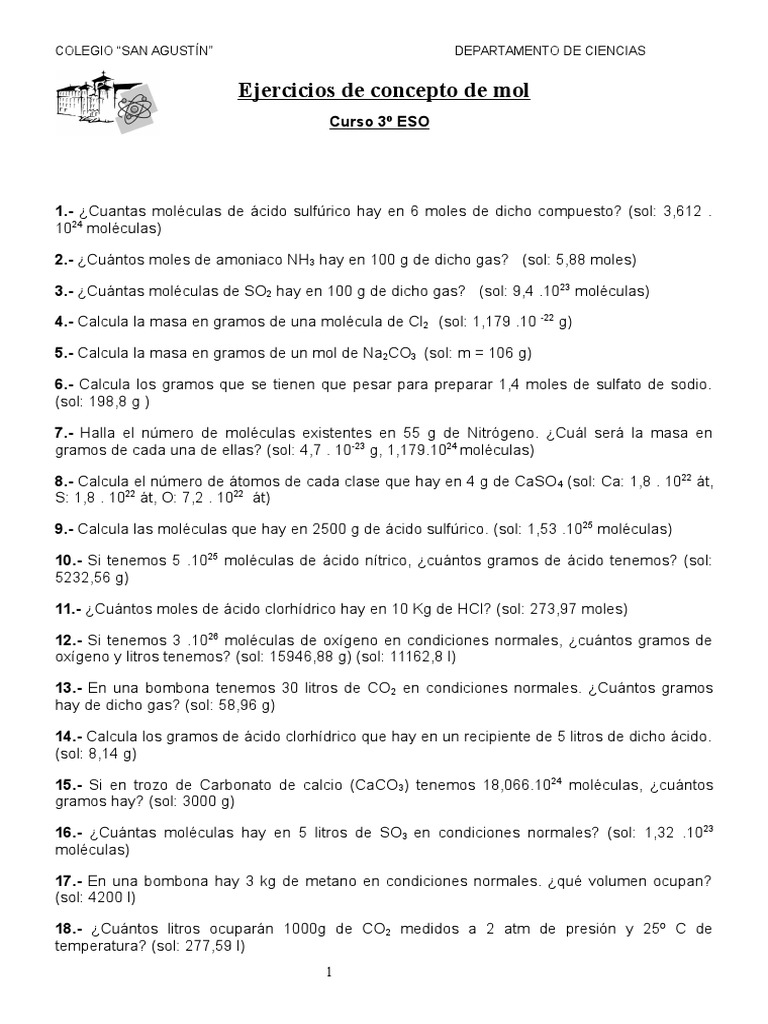3 Ejercicios 3º F Q Concepto de Mol | PDF | Mole (Unidad) | Gases