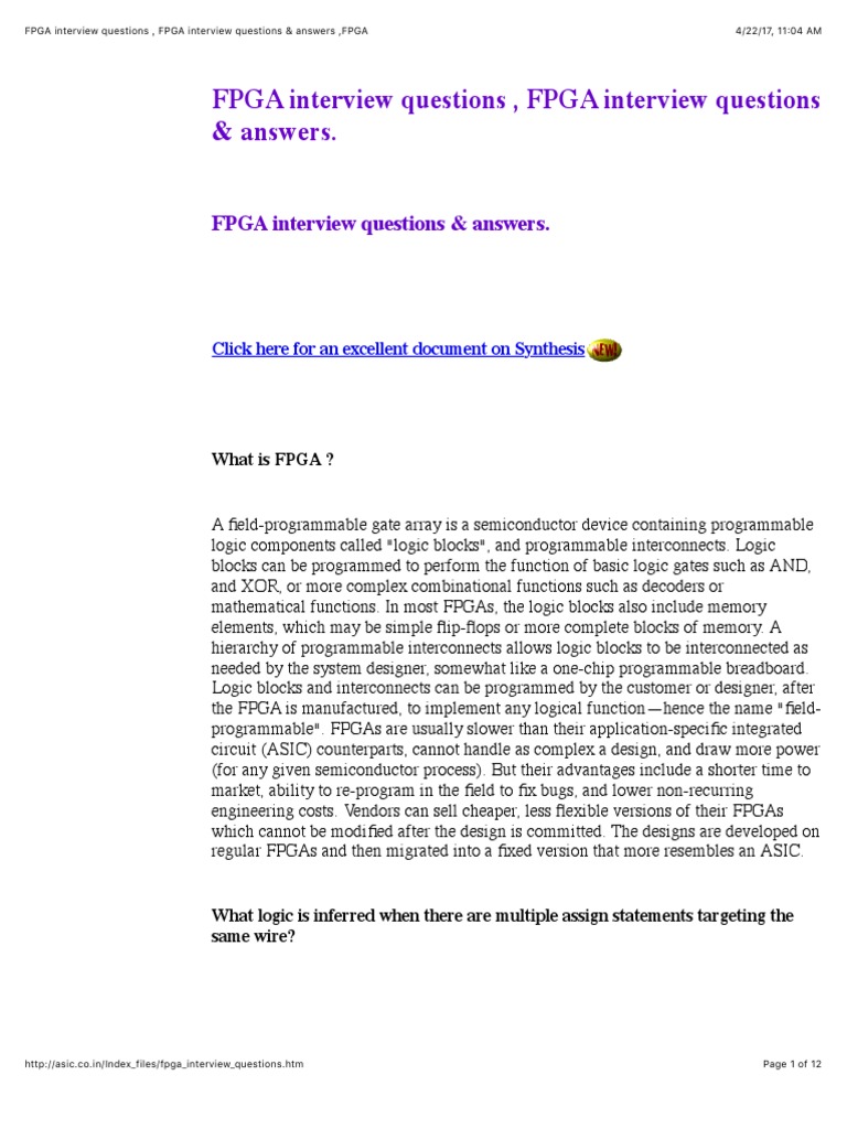 FPGA Interview Questions | PDF | Field Programmable Gate Array | Digital Electronics