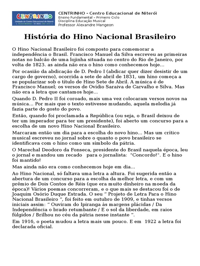 A História Do Hino Nacional Texto Sobre O Hino Nacional Brasileiro Okvm