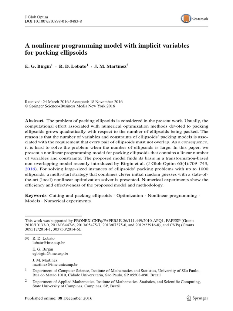 A Nonlinear Programming Model With Implicit Variables For Packing Ellipsoids | PDF ...