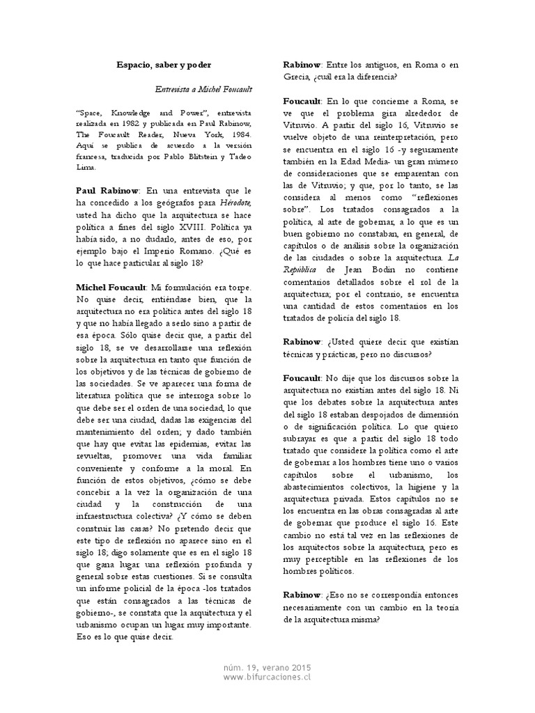 FOUCAULT, M. Espacio, Saber y Poder PDF | PDF | Michel Foucault | Espacio