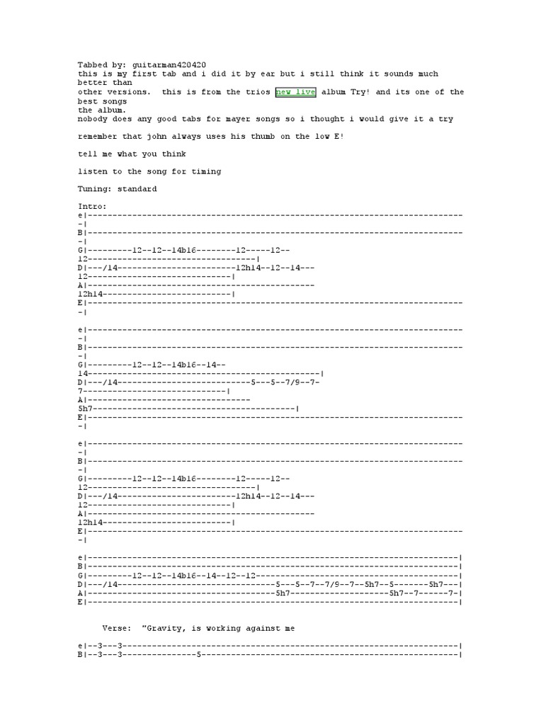 Gravity John Mayer Lyrics And Chords Xml Pdf Song Structure