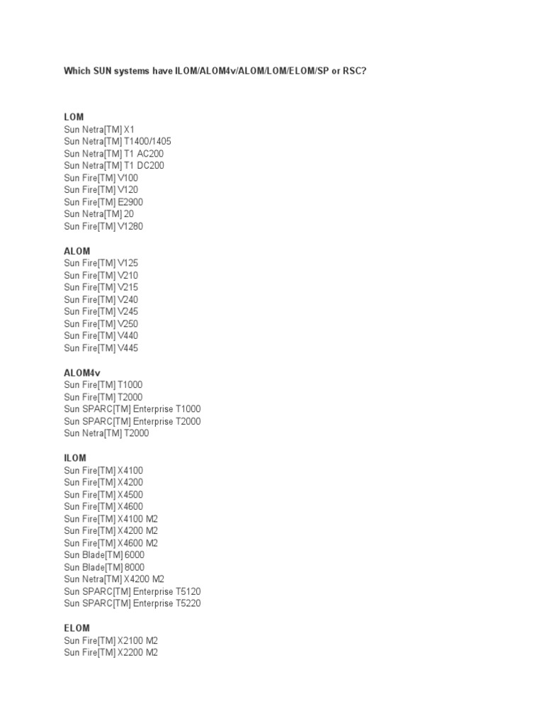 SUN Systems with ILOM/ALOM/LOM Types | PDF | Technology & Engineering