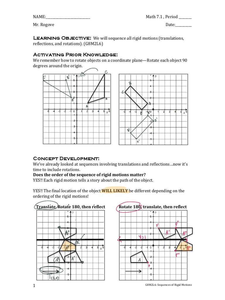 g8m2l6 7 1 - Sequences of Rigid Motions | PDF | Rotation | Geometry