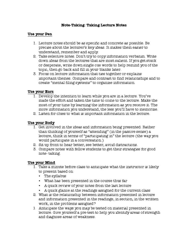 Note-Taking: Taking Lecture Notes Use Your Pen | PDF