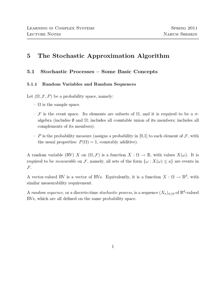 5 The Stochastic Approximation Algorithm: 5.1 Stochastic Processes ...
