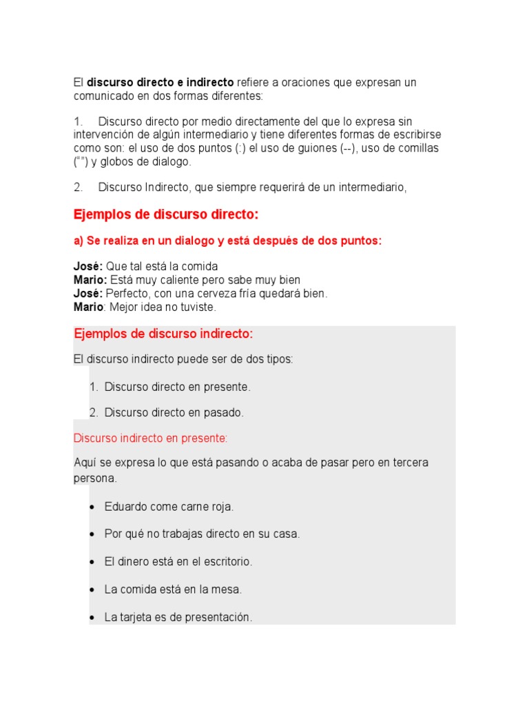 El Discurso Indirecto y Directo