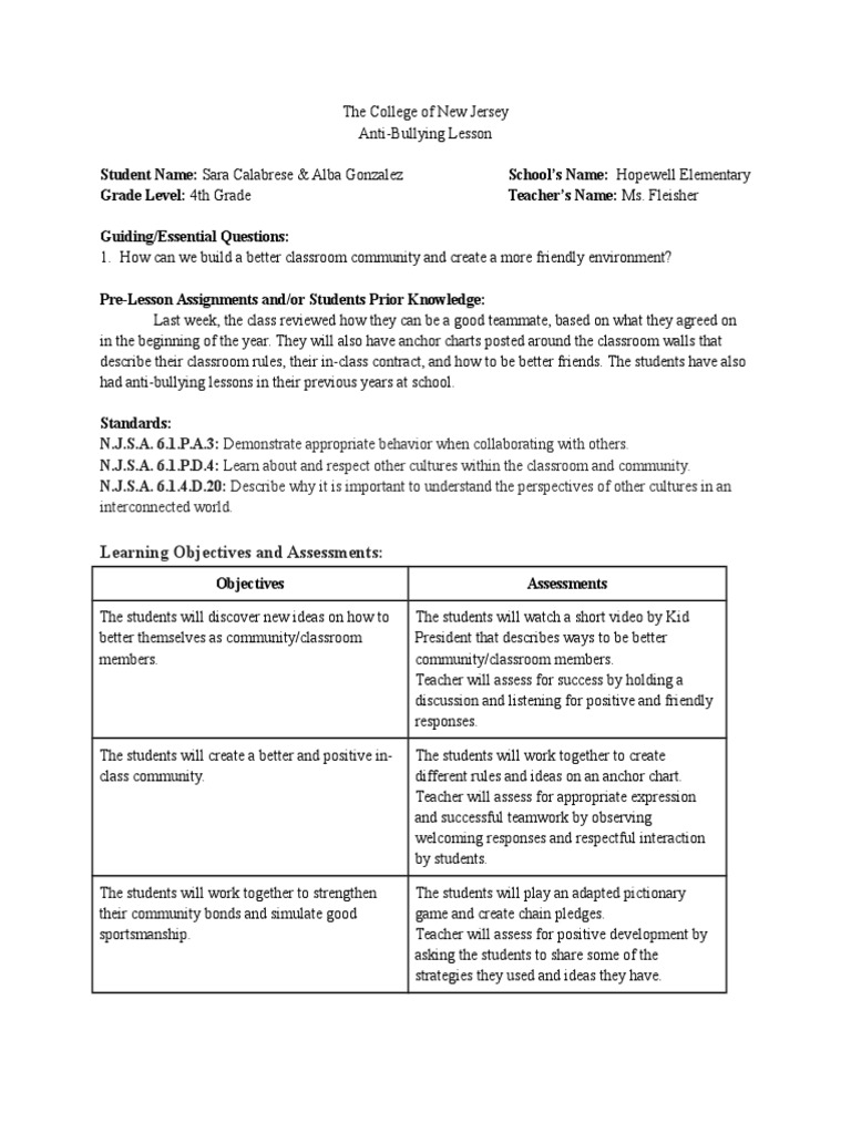 anti-bullying lesson plan | Classroom | Educational Assessment