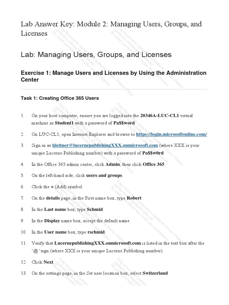 20346A-Lab Answer Key Module 2 Managing Users, Groups, and Licenses | PDF | Office 365 | Password