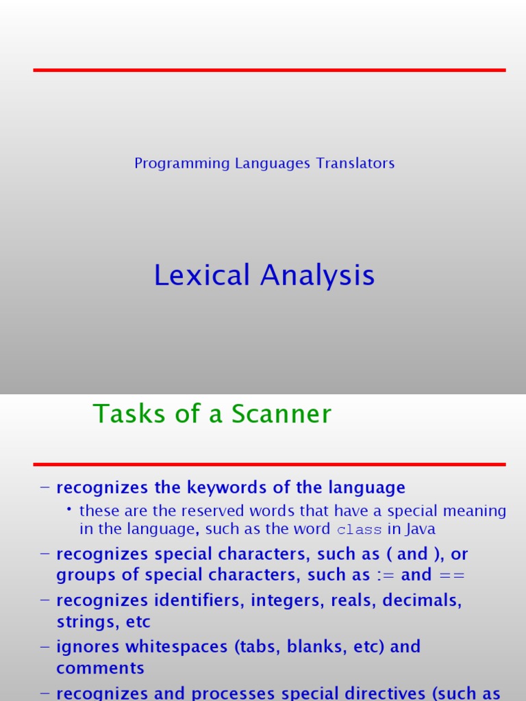Lexical Analysis: Programming Languages Translators | PDF | Parsing | Theoretical Computer Science