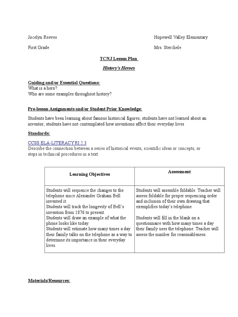 Lesson Plan 2 Historys Heroes Word | PDF | Lesson Plan | Telephone