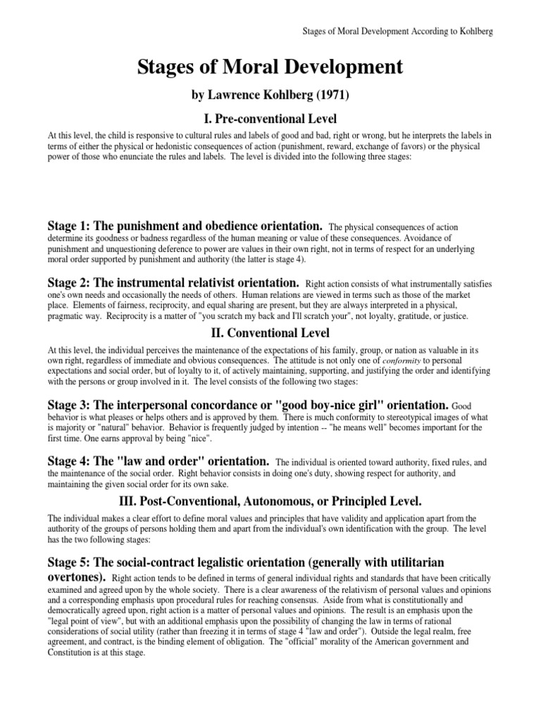 Stages of Moral Development According To Kohlberg PDF | PDF | Morality ...