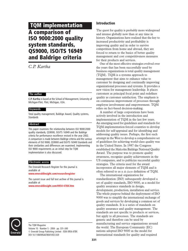 A Comparison of ISO 9000-2000 Quality System Standards, QS9000, IsO:TS ...