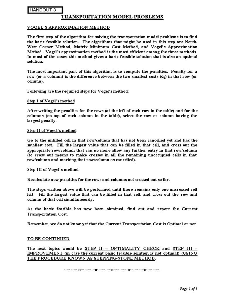 Transportation Model Problems: Handout 3 | PDF