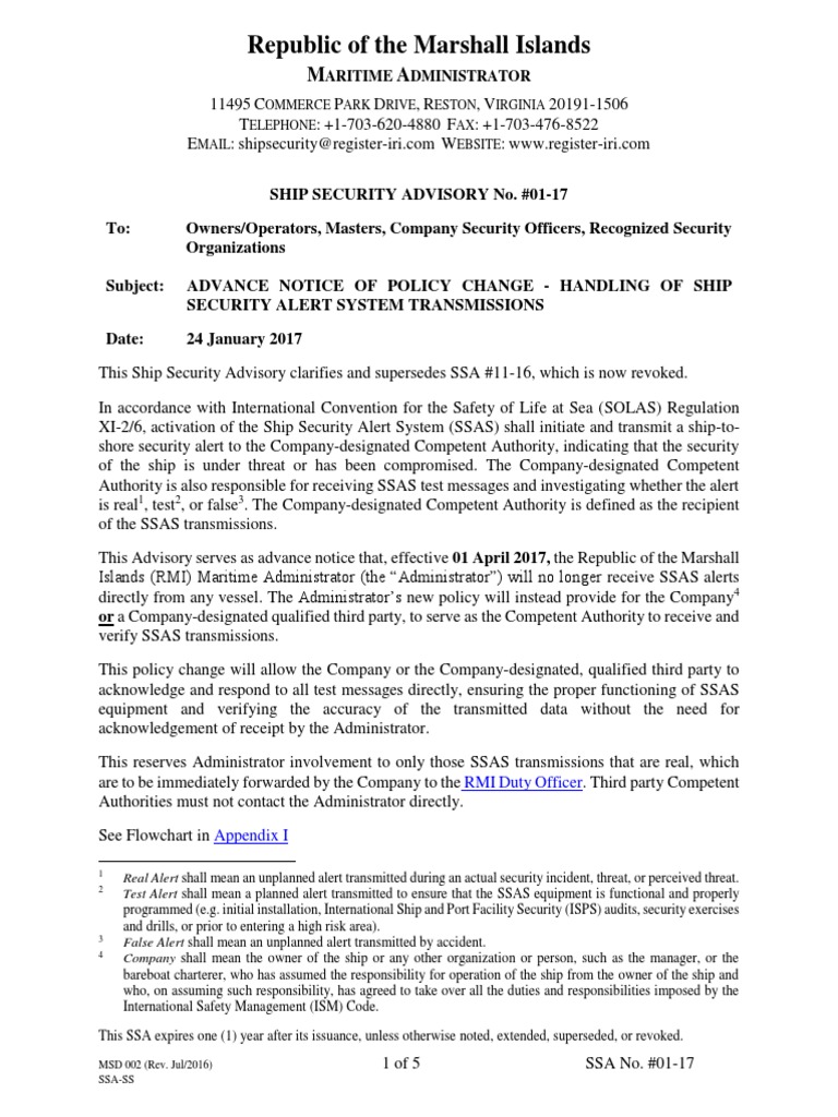 Marshall ISPS - SSA - 01-17 - Handling of Ship SSAS Transmissions | PDF ...