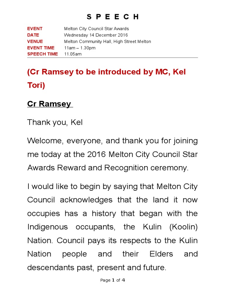 Melton City Council Star Awards Speech | PDF