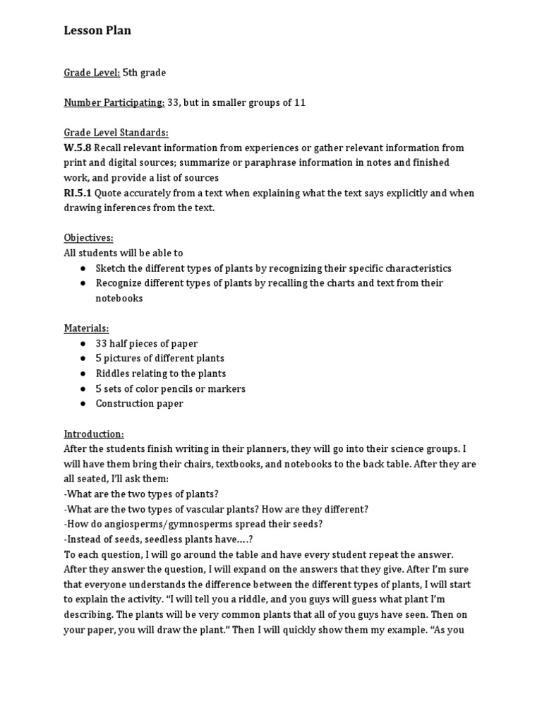 5th Grade Plant Lesson Plan | PDF | Fern | Pollination