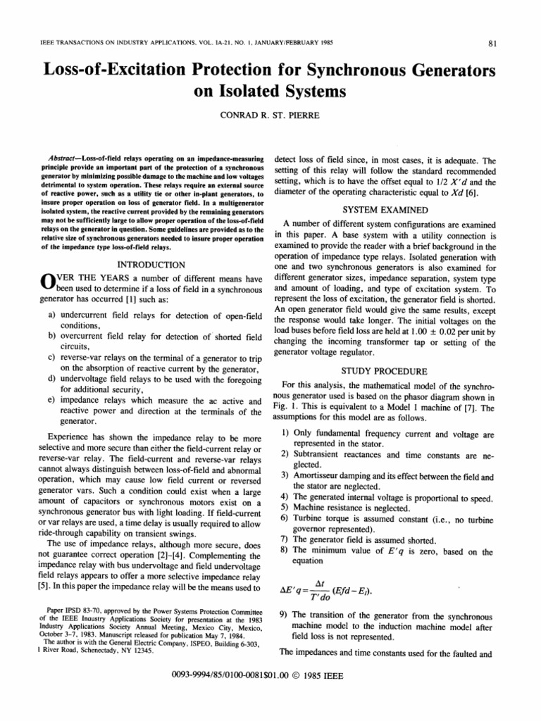 Loss Of Excitation Protection For Synchronous Generators Ac Power Relay